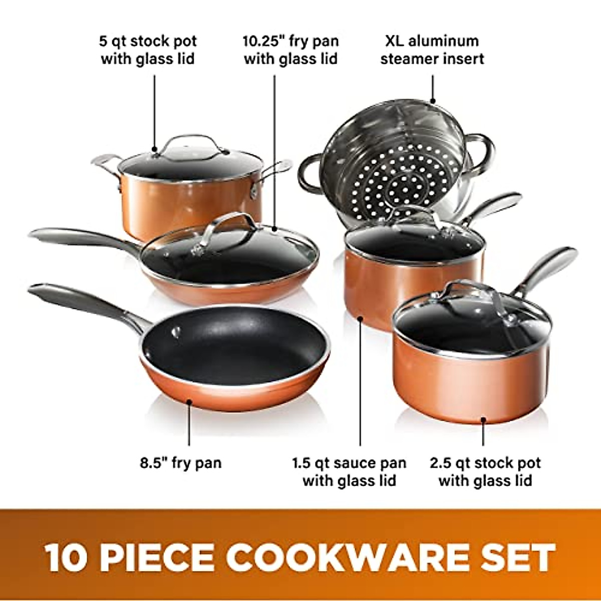 Gotham Steel Copper Cast 10 Piece Pots and Pans Set with Ultra Nonstick Diamond Surface, Includes Frying Pans, Stock Pots, Saucepans & More, Stay Cool Handles, Oven & Dishwasher Safe, 100% PFOA Free