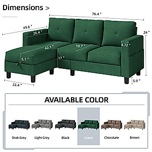 Shintenchi Convertible Sectional Sofa Couch, Modern Linen Fabric L-Shaped, 3-Seat Sofa Sectional with Reversible Chaise for Living Room, Apartment and Small Space (Green)