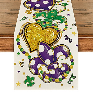Artoid Mode Iris Jewellery Hearts Mardi Gras Table Runner, Seasonal Kitchen Dining Table Decoration for Home Party Decor 13x72 Inch
