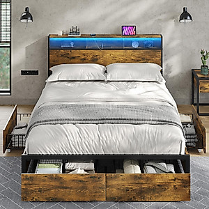 furomate Bed Frame Queen Size Metal Bed Frame with Storage Headboard and 4-Drawers, Platform Bed Frame with LED Light & Charging Station, No Box Spring Needed, Rustic Brown