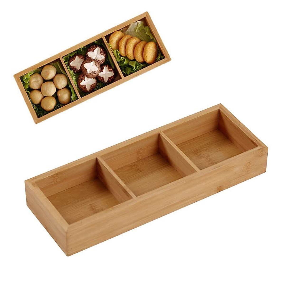 Wooden Tray Divided Tray for Serving Food Tea Tray Food Tray Multi Compartments Serving Tray for Hot Pot, Fast Food, Breakfast, Tea Coffee Table Christmas(3 Compartments)