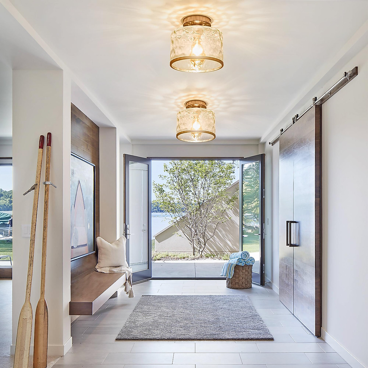 Zlepmlla Modern Semi Flush Mount Ceiling Light Industrial Clear Hammered Glass Lampshade Farmhouse close to ceiling lights fixtures in Satin Nickel for Hallway Kitchen Bathroom Bedroom