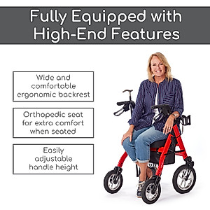Comodità Uno All Terrain Rolling Walker with Pneumatic Tires, Wheeled Rollator with Orthopedic Extra Wide Seat and Brakes for Adults and Seniors, Easy Folding, 4 Wheel, Modena Red