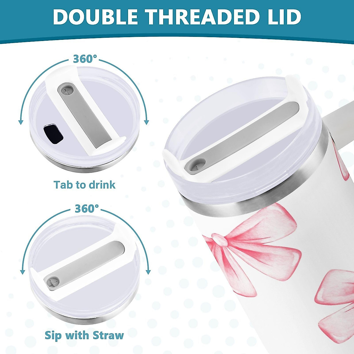 KEEPREAL 40 oz Pink Bow Tie Tumbler with Handle, Insulated Sports Water Bottle with Lid and Straw, Thermal Stainless Steel Travel Coffee Mug Cup