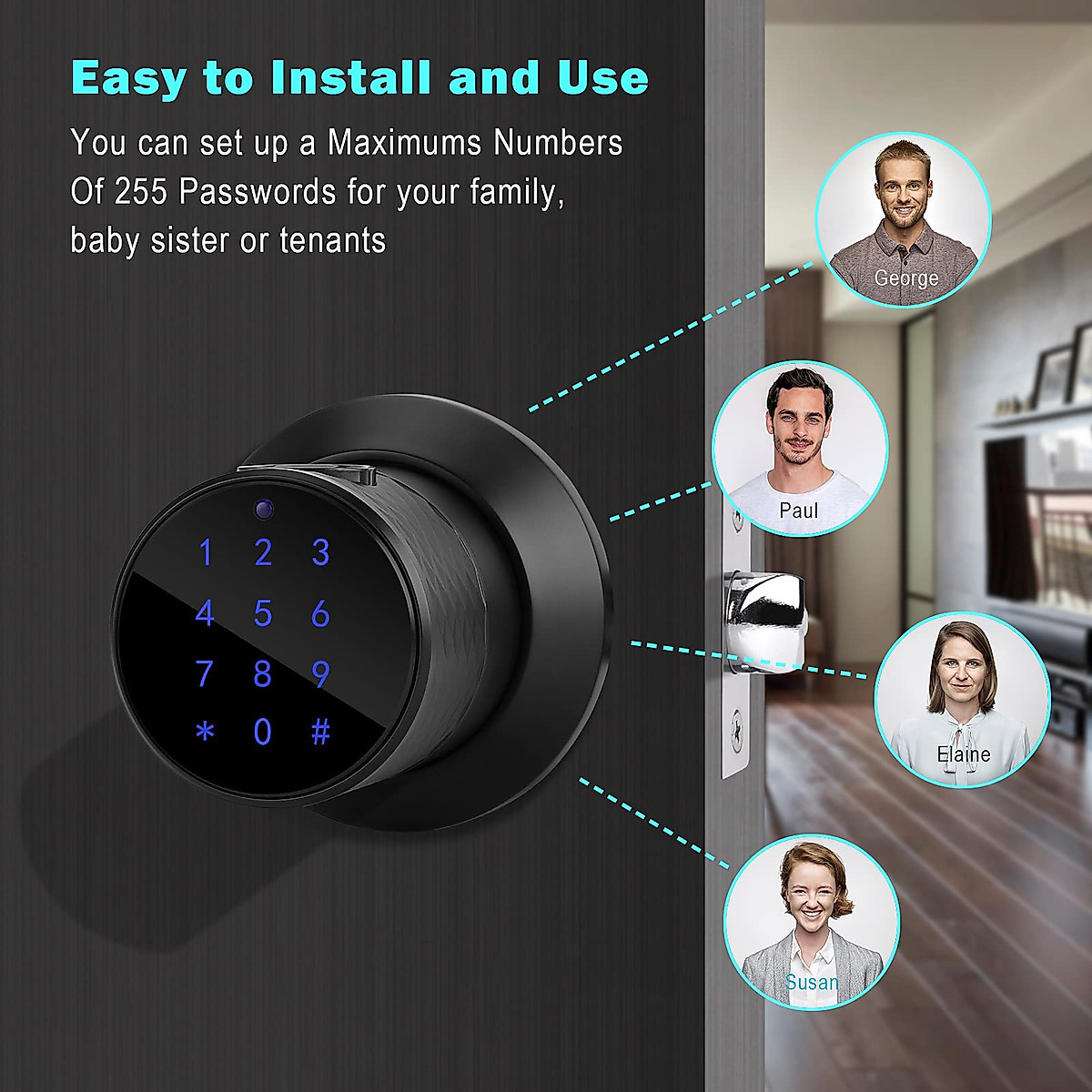 Fingerprint Door Knob, FITNATE Bluetooth Digital Code Door Lock Knob Gate Lock with Keypad, App Work with Alexa, Echo, Security Guard for Home, Hotel, Office, Easy to Install