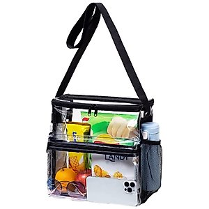 Vorspack Clear Tote Bag - Clear Bag Stadium Approved 12x12x6 Clear Lunch Bag Clear Crossbody Bag for Sports Events Concerts Work College - Black