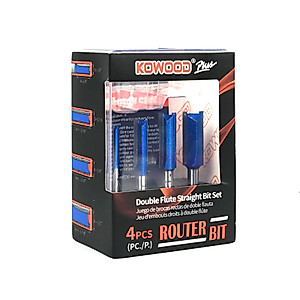 KOWOOD Plus Double Flute Straight Router Bit Set, 1/4 Inch Shank. Cutting Diameter in 1/4”, 5/16”, 3/8”, 1/2”. with updated Kowood C3 Carbide. Great for create groove, dado or hollow