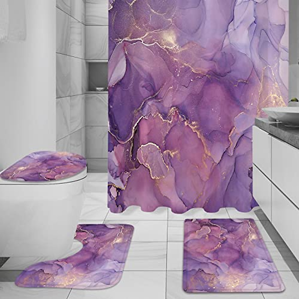 Gibelle 4 Pcs Purple Marble Shower Curtain Set with Non-Slip Rugs, Toilet Lid Cover and Bath Mat, Lavender Bathroom Decor Set with Shower Curtain and Rugs and Accessories
