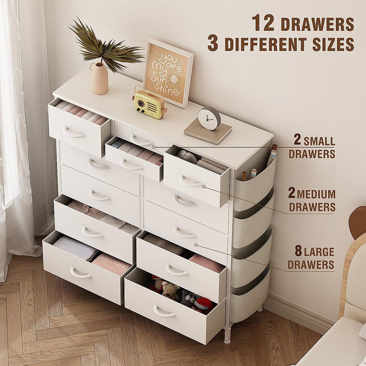 Lulive Dresser for Bedroom with 12 Drawers, Tall Dresser Chest of Drawers with Side Pockets and Hooks, Fabric Dresser Storage Tower for Closet, Hallway, Living Room (White)