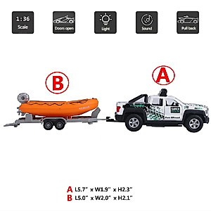 Pickup Truck Trailer Towing Speed Boat 2 in 1 Playset Diecast Model Car Metal Pull Back Toy Cars 1/36 SUV Vehicle Outdoor Sandbox Adventure Play Set Doors Open Light Sound Boys Toys Kids Gifts