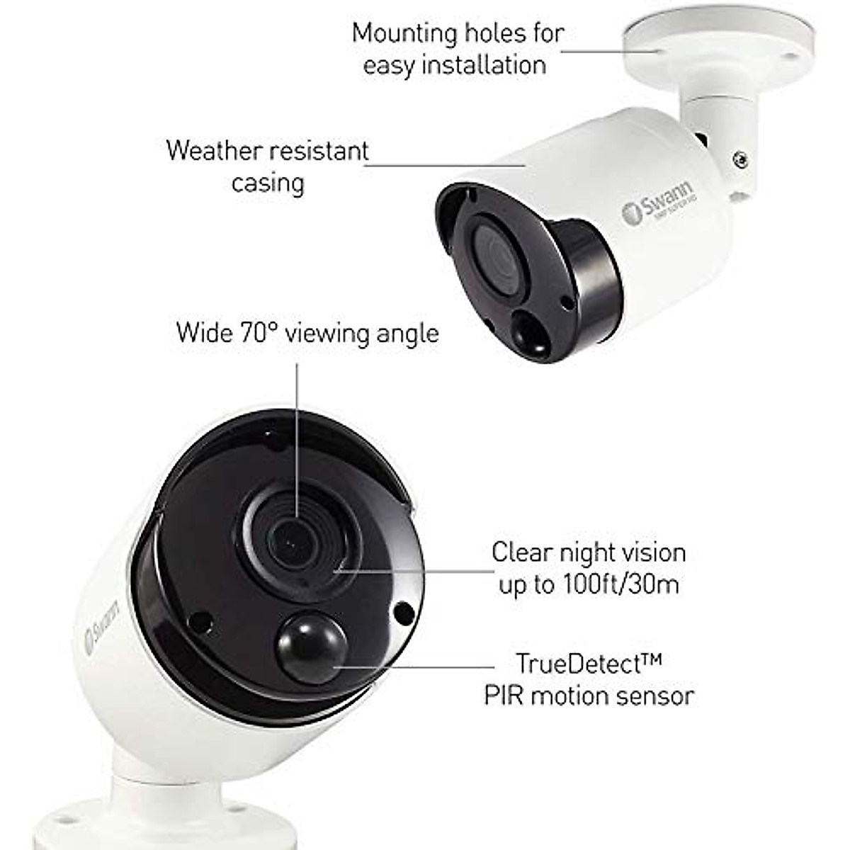 Swann Wired PIR Bullet Security Camera, 5MP Super HD Surveillance Cam with Infrared Night Vision, Thermal, Heat & Motion Sensing, Add to DVR with BNC, SWPRO-5MPMSB