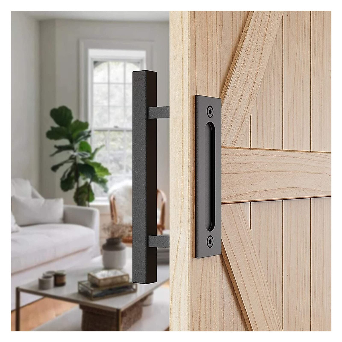 TABKER Sturdy Sliding Barn Door, 12 Inches Barn Door Handle Square Pull Flush Hardware Set Wood Door Handle Interior Door Furniture Handle Hardware Saving Space