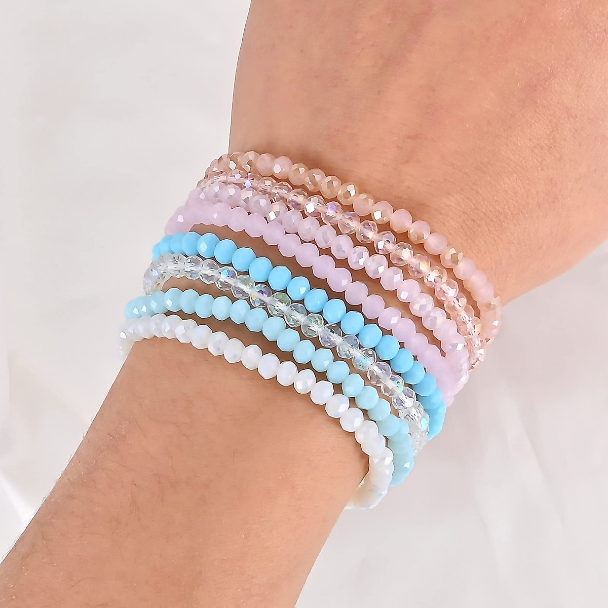 VONRU 9 Sets Crysal Bead Bracelets for Women Bohemain Stackable Bracelet Charm Mixed Color Handmade Strand Bracelet for Sisters Wife Daughter