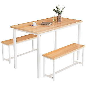 Recaceik 47” Dining Table Set with Benches, 3 Pieces Dining Room Table Set for 4, Wood Kitchen Table and Chair Set, Space Saving Dinette Set for Breakfast Nook, Dining Room, Beige