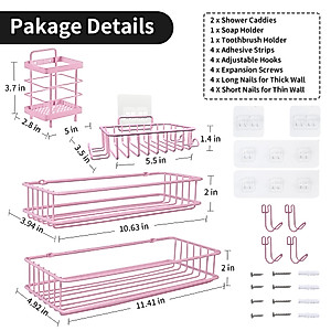 TONLEA Shower Caddy, Shower Organizer for Bathroom, 4-Pack Rustproof Stainless Steel Shower Shelves with Hooks for Bathroom Storage, Adhesive or Drilling Kitchen Organization, Pink