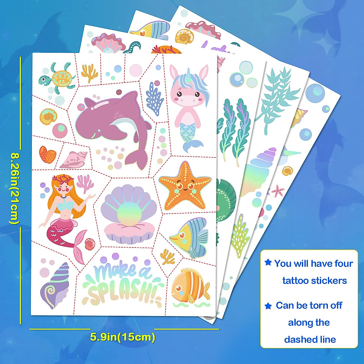 Mermaid Temporary Tattoos for Kids, 85+ Glitter Fake Tattoo, Pirate, Bluey, Dinosaur, Paw Patrol Sleeve Tattoos, Ocean Creatures & Animal, Birthday Party Gift for Boy & Girls Stickers