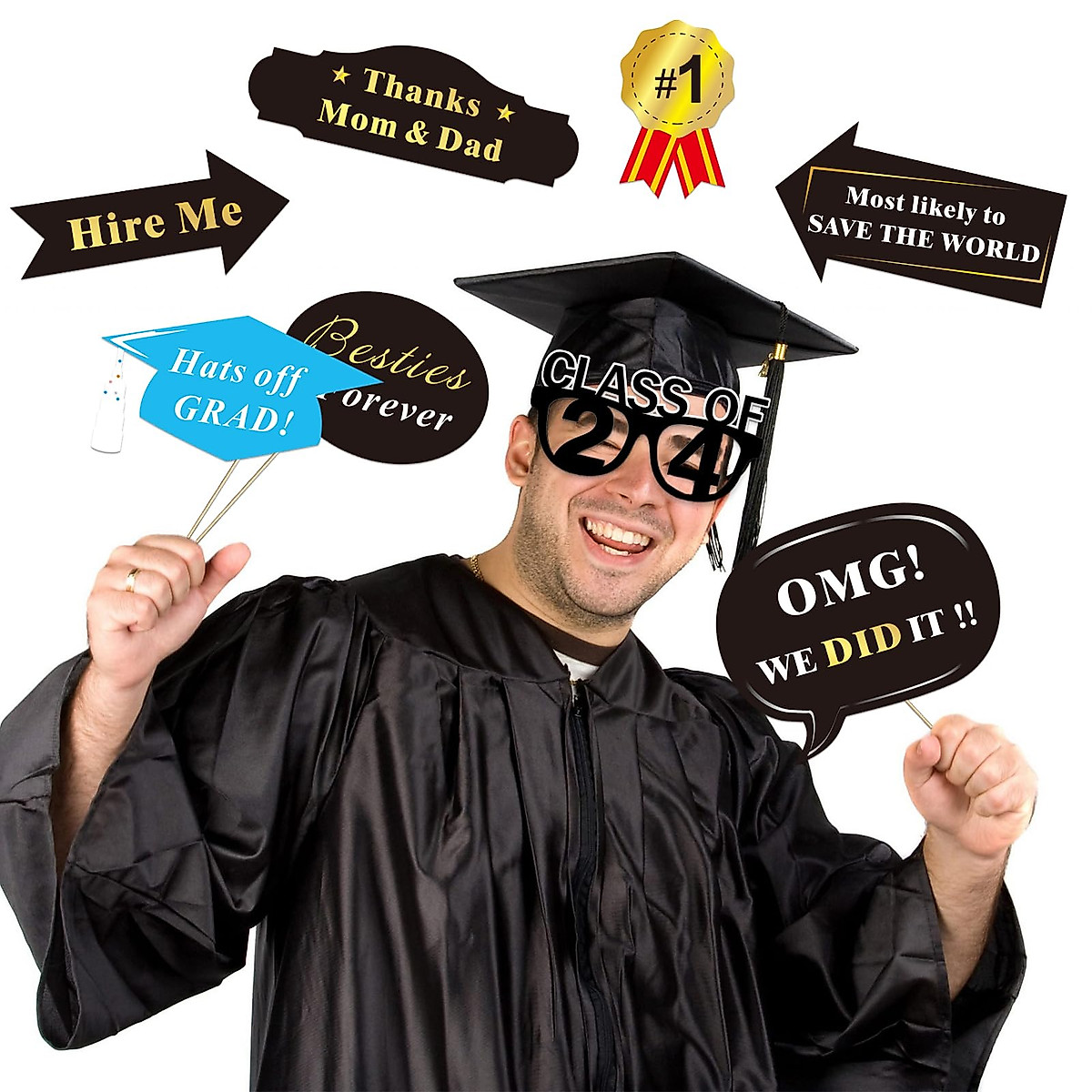 Graduation Photo Booth Props (50Count), Konsait Large Graduation Photo Props Class of 2024 Grad Decor with Sticks for Kids Boy Girl, Black and Gold, for Graduation Party Favors Supplies Decorations