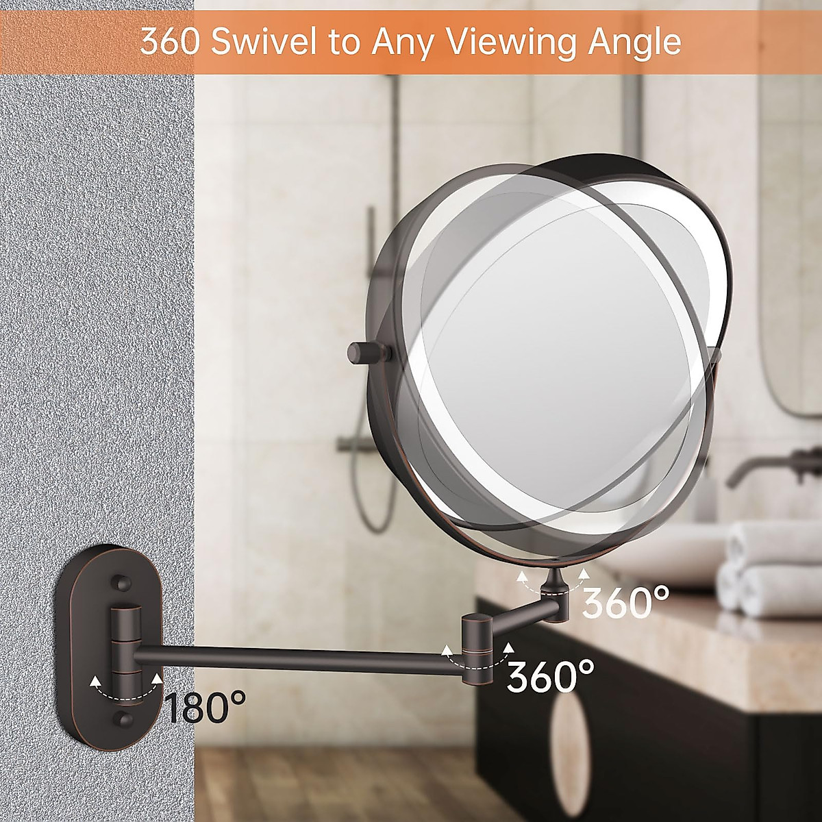 Rechargeable Wall Mounted Lighted Makeup Vanity Mirror 8 Inch Double Sided 1X 10X Magnifying Bathroom Mirror, 3 Color Lighting, Touch Dimming, Extended Arm 360 Rotation Light up Mirror Antique Bronze