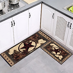 2 Pieces Non-Slip Vintage Style Kitchen/Bath Rug Runner Mat, Super Absorbent Rugs, Washable Carpet Kitchen Mats 15.7x23.6inch+15.7x47.2inch, Western Texas Star on Wood Panel Rustic