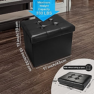 AmasSmile® Storage Ottoman Foot Rest Stool, 17 inch Folding Leather Footstool Bench, Short Ottoman Stool, Storage Foot Rest Store, Books, Records Support 330 lbs, Black