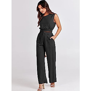 ANRABESS Two Piece Outfits for Women Cruise Resort Wear 2023 Sexy Summer Vacation Sleeveless Linen Crop Top Casual Matching Lounge Sets Comfy Tracksuits Long Pants Jumpsuits Cute Clothes A1102heise-M