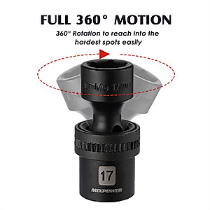 MIXPOWER 15-piece 1/2" Drive Shallow Universal Impact Socket Set, 6 Points, Metric, 10-24mm, Swivel Socket with Flexible Wobble, CR-MO, Heavy Duty Storage Case… B08JTJVV8M