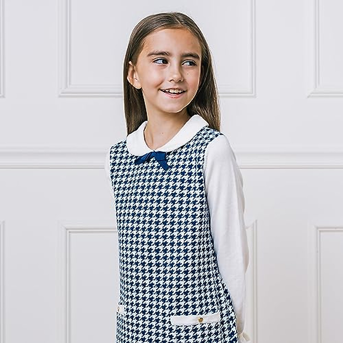 Hope & Henry Girls' Long Sleeve French Blocked Peter Pan Collar Sweater Dress