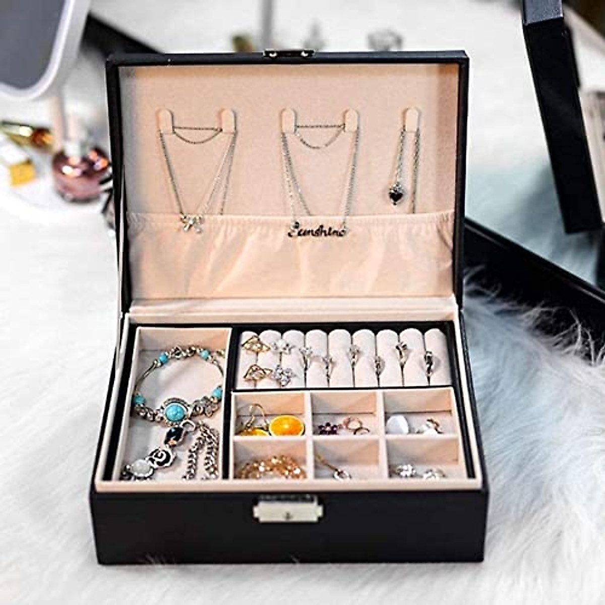 ZZYINH AN207 Exquisite Jewelry Box Women Leather Packaging Necklace Rings Bracelet Storage Organizer Display Gift Boxes Small Jewelry (Color : Black)
