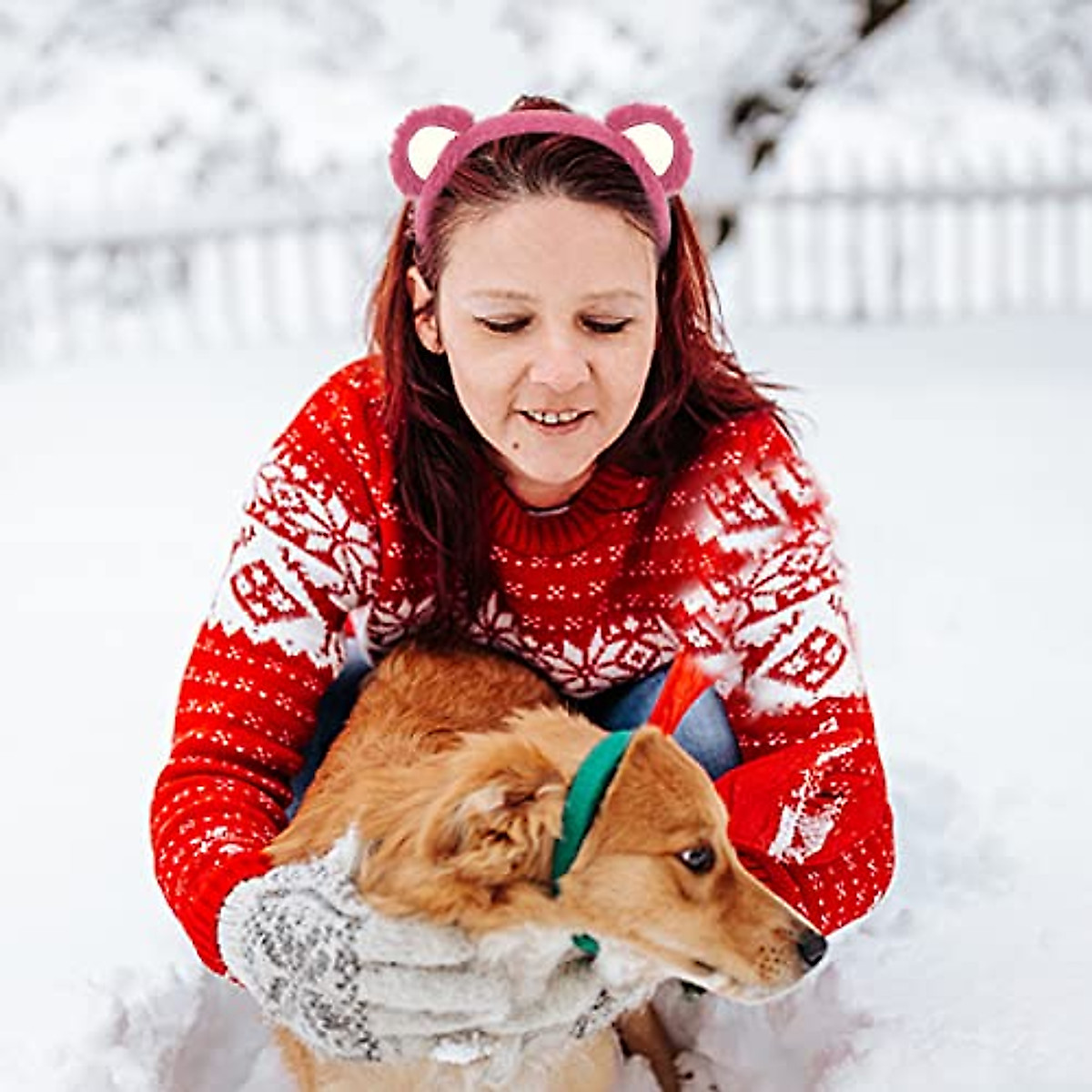 Wittocs Rose Red Bear Ears Headband Plush Bear Ear Headwears for Women Girls Makeup Headband Cute Fashion Fluffy Soft Face Washing Headbands New Year Christmas Valentines Day Hair Hoop