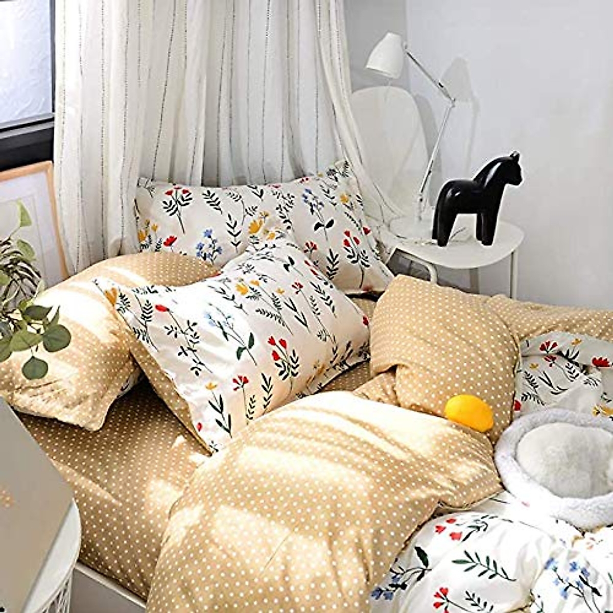 Erosebridal Boho Floral Bedding Set Yellow Flower Duvet Cover Blue Red Blossom Comforter Cover Botanical Country Garden Leaf Branch Quilt Cover for Kids Girls Women Room Decor Full Size,White Brown