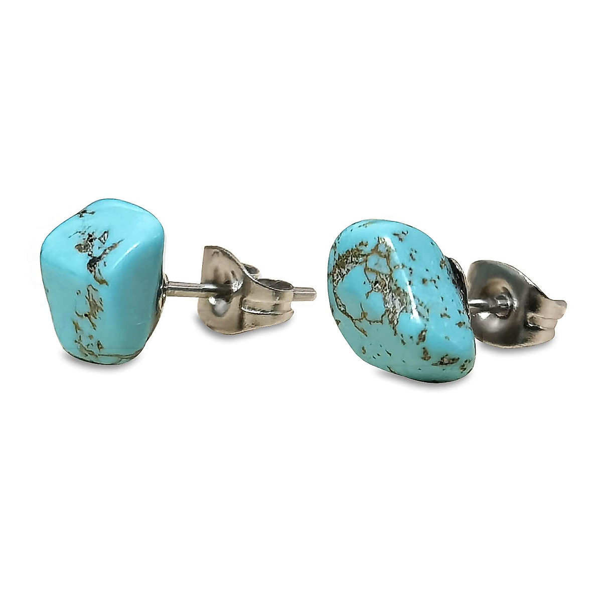 Turquoise Stud Earrings for Women, Tibetan Tiny Blue Raw Gemstone Earrings with Stainless Steel Stud for Friends, Boho Western Turquoise Jewelry Hypoallergenic Earrings for Women Sensitive Ears