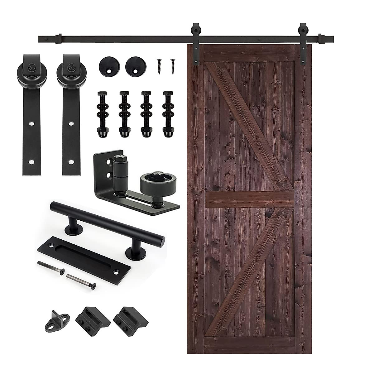 S&Z TOPHAND® 36 in x 84 in Brown British Brace Knotty Barn Door with 6.6FT Sliding Door Hardware Kit/Double -Sided Door Handle/Solid Wood/Double Surfaces/Simple Assembly is Required