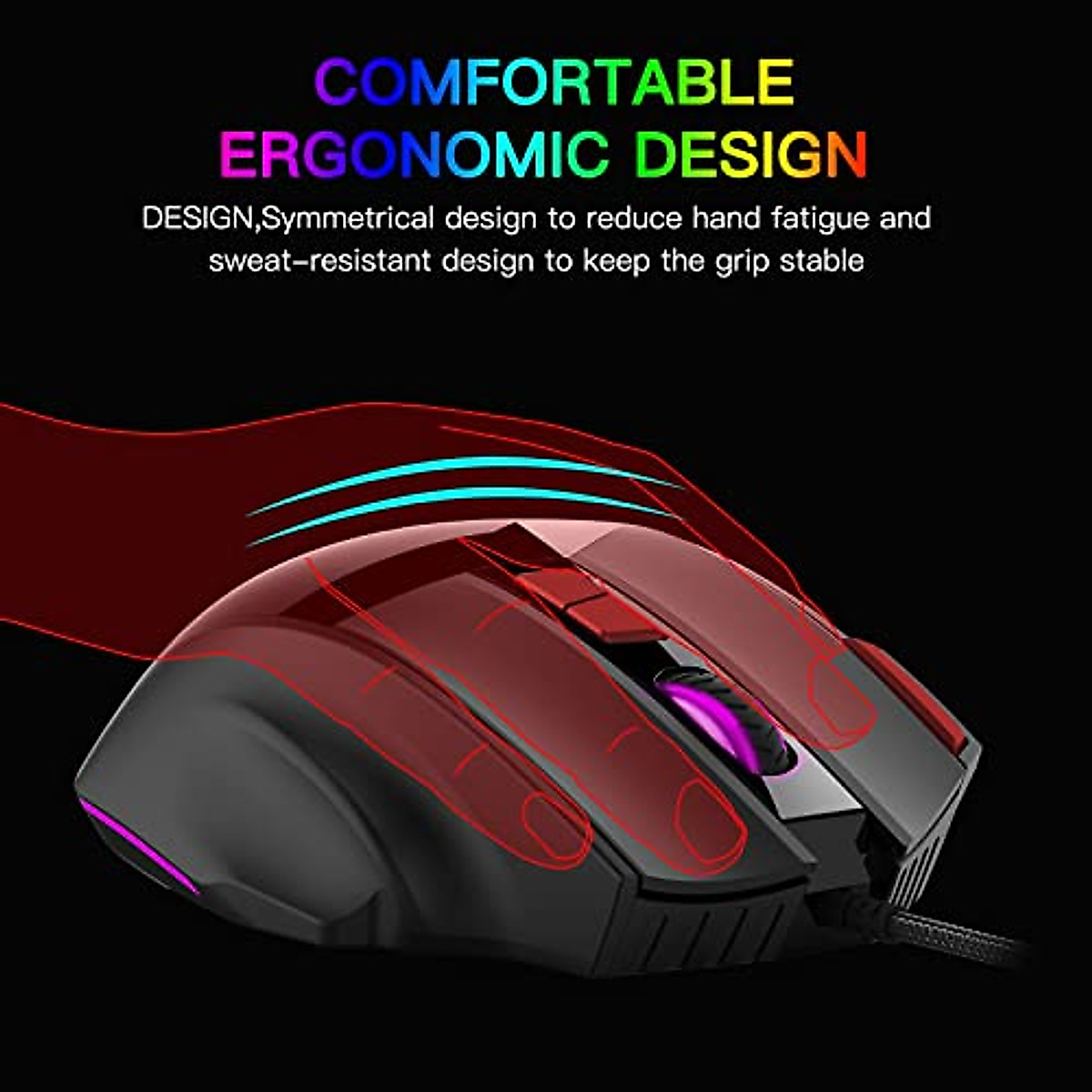 Yolispa USB Wired Mouse 10- Key Gaming Mouse with RGB Light 4- Level Adjustable DPI for Game Daily Office Work
