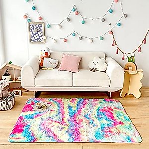 NEWCOSPLAY Faux Fur Area Rug Rainbow Tie Dye Carpet Playing Mat for Girls Bedroom Living Room Home Décor (4' x 5.3', Dark Rainbow)
