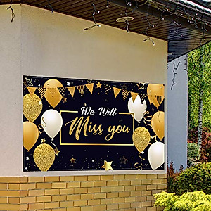 We Will Miss You Party Decorations, Extra Large Going Away Party Backdrop Miss You Photography Background Banner for Farewell Anniversary Retirement Graduation Party, 72.8 x 43.3 Inch (Black, Gold)