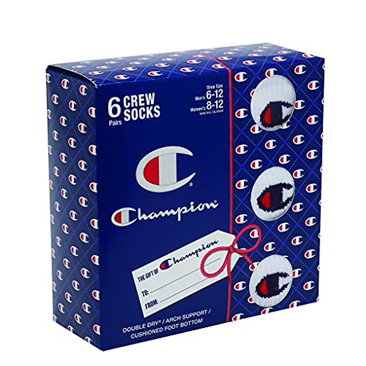 Champion Men's 6 Pack With Gift Box Crew Sock, White, 12-Jun US