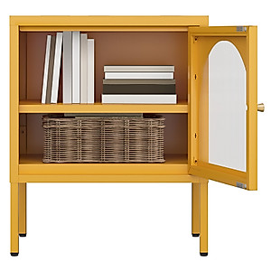Aiasuit Single Door Nightstand Bedroom Bedside Table Adjustable Frosted Texture Storage Side Cabinet Glass Coffee Table Storage Cabinet Solid Room Side Table Yellow Size: 23.62”H x 19.68”W x 13.88”D