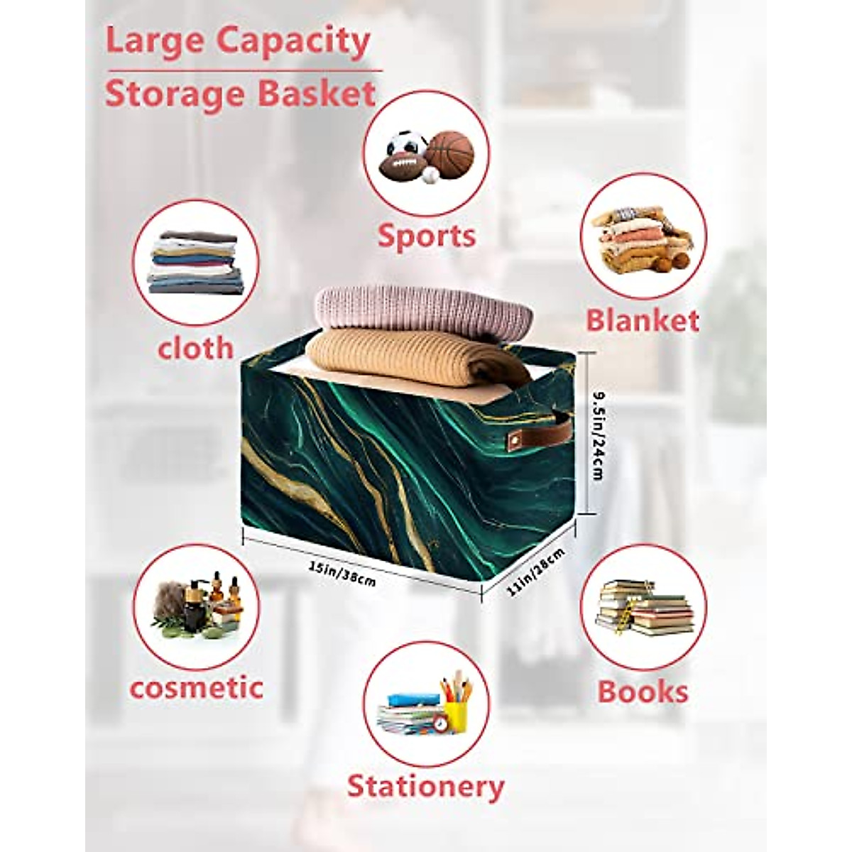 Marble Emerald Green Cube Storage Organizer Bins with Handles, 15x11x9.5 Inch Collapsible Canvas Cloth Fabric Storage Basket, Modern Abstract Gold Art Books Kids' Toys Bin Boxes for Shelves, Closet