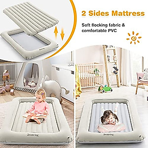 HONEY JOY Inflatable Toddler Travel Bed, Kids Blow Up Air Mattress with Sides, Includes Air Pump, Travel Bag, Repair Kit, Portable Toddler Bed for Travel with Safety Bumpers (Gray)