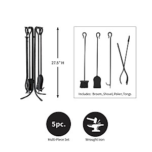 Plow & Hearth 5 Piece Hand Forged Iron Fireplace Tool Set with Poker | Tongs | Shovel | Broom | and Stand 7-in Diam. x 27.5 H Black