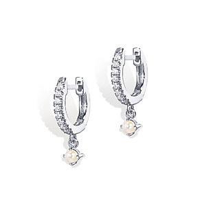 PAVOI Rhodium Plated 925 Sterling Silver Post Trendy Cubic Zirconia and Pearl Dangle Huggie Earrings for Women - Small Gold Hinged Pearl Huggie Hoop Earrings