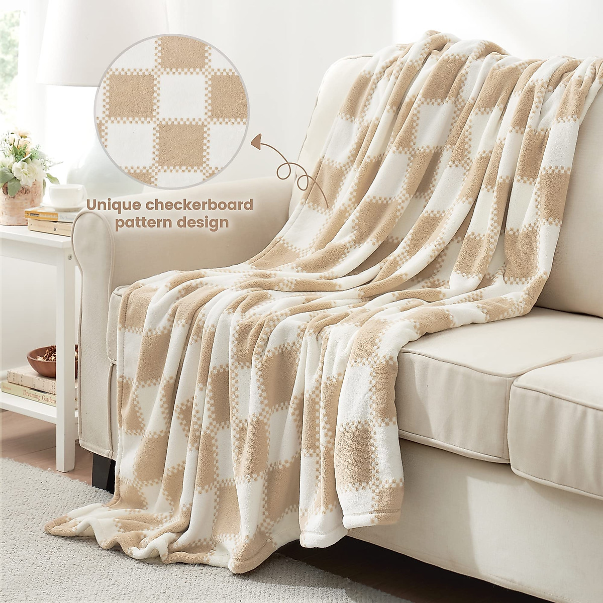 Cozy Bliss Beige Checkered Throw Blanket Ultra Soft Warm MilkyPlush™ Fleece Blanket Checkerboard Grid Plush Blanket for Couch Bed Sofa, Beige 50"x60"