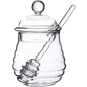 GMFINE Glass Honey Jar with Dipper Stick, Beehive Honey Pot Containers with Dipper and Lid Set for Storing Honey and Syrup, 10 oz, Clear