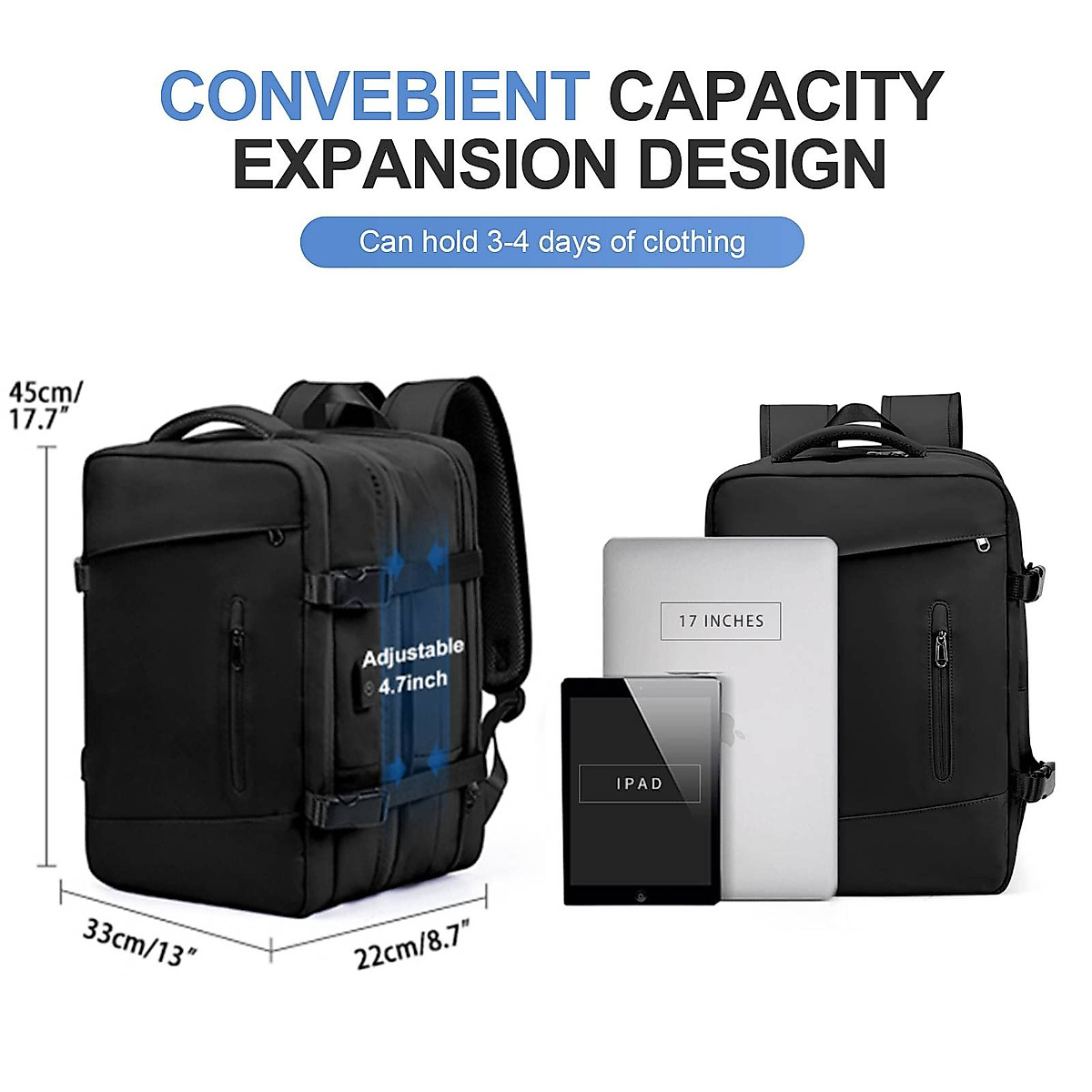 Large Travel Backpack for Women Carry On Airline Flight Approved Expandable Work Personal Item size Backpack Bag with Laptop compartment for College Men Hiking Waterproof Mochila de Viaje Black