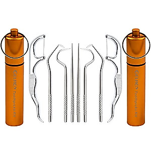 Toothpicks Pocket Set, Dental Floss Picks Kit Reusable, Stainless Steel Teeth Cleaning Tools, Flossers for Adults, Tooth Picker Oral Hygiene Travel (2 Set)