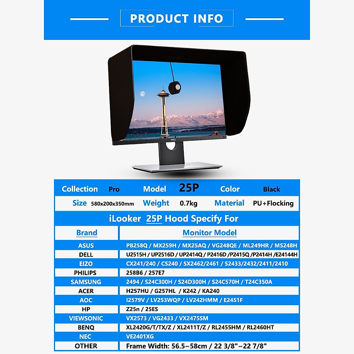 iLooker-25P 25&24 inch Thick Frame LCD LED Video Monitor Hood Sunshade Sunhood for Dell HP Viewsonic Philips Samsung LG EIZO NEC ASUS ACER BENQ AOC Lenovo iMac Fits Monitor Frame Width 565-580mm