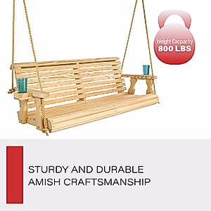 Amish Casual Heavy Duty 800 Lb Roll Back Treated Porch Swing with Hanging Ropes and Cupholders (4 Foot, Unfinished)