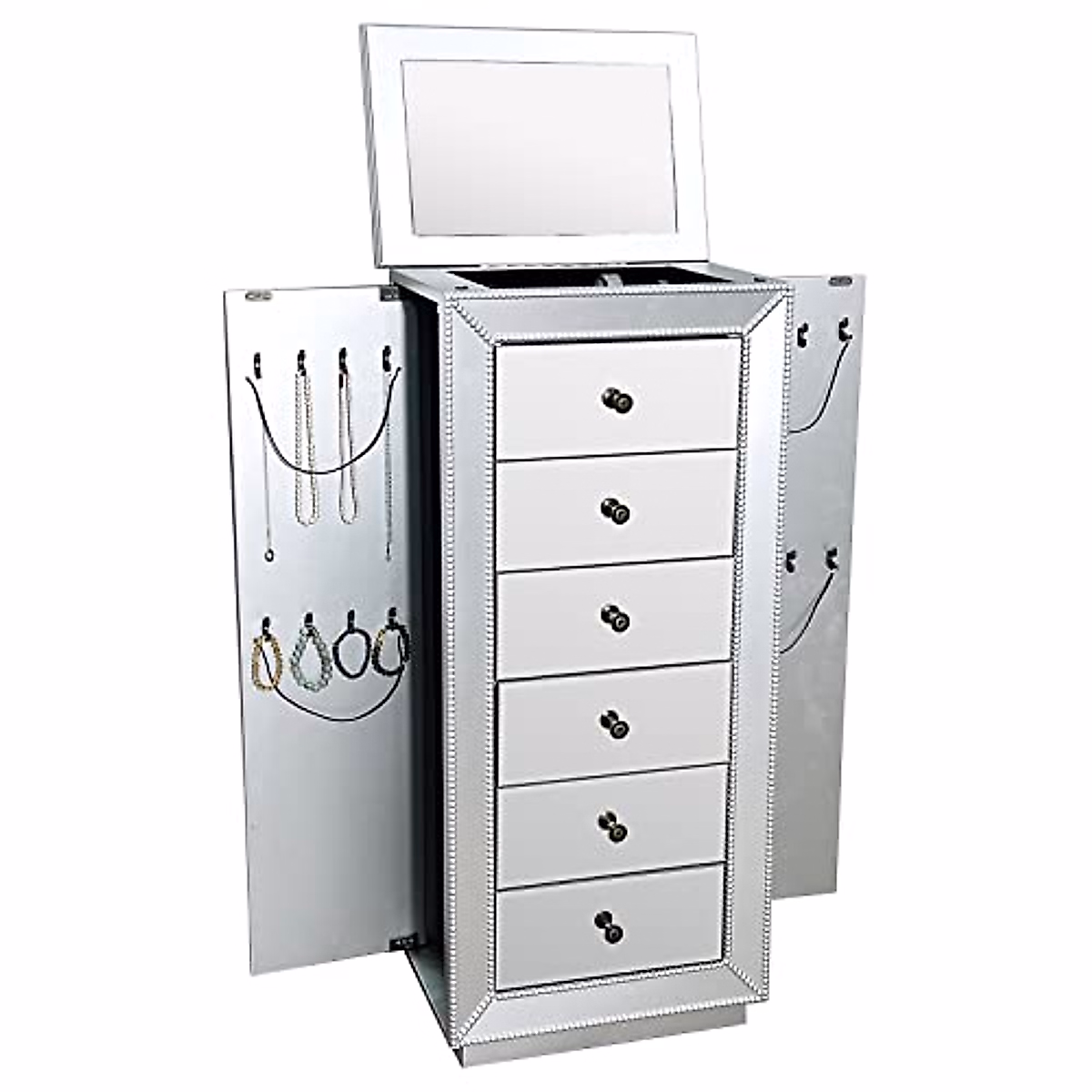 Bedroom Living Room Vertical Filing Cabinet, 6 Drawers,Jewelry Armoire With Silver Mirrored, & 16 Necklace Hooks, 2 Side Swing Doors