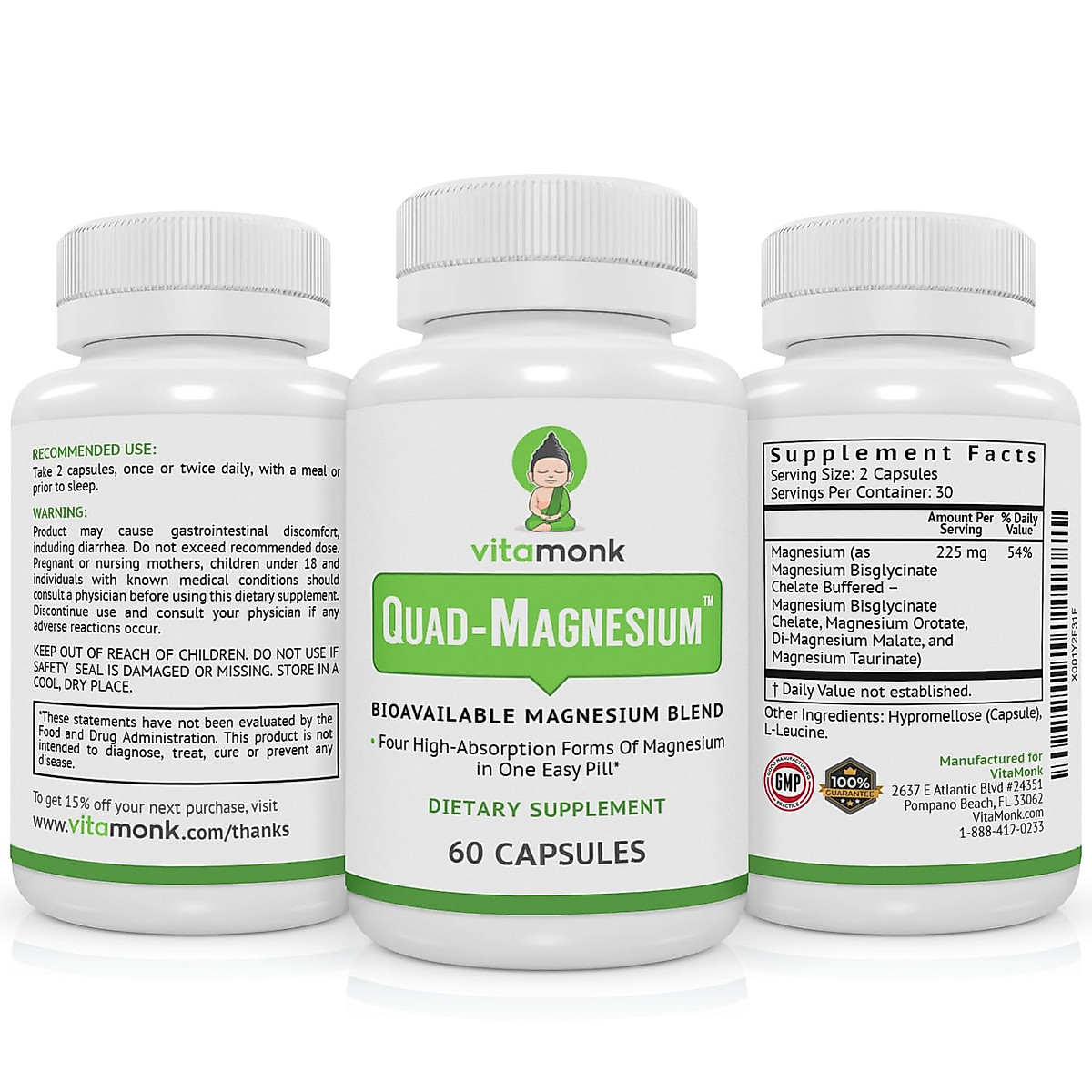 Quad Magnesium Blend by Vitamonk - with Magnesium Orotate, Glycinate Chelate, Magnesium Taurate and Di- Magnesium Malate - High Absorption Magnesium Complex for Sleep, Heart, and Mood