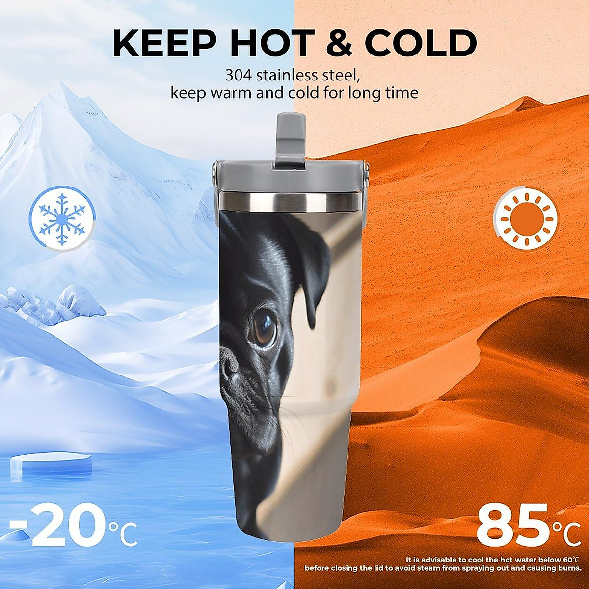 30 Oz Tumbler with Foldable Handle And Flip Straw,Black Pug Dog Puppy Vacuum Insulated Travel Coffee Tumblers,Stainless Steel Leak-Proof Water Bottle,Fits in Cup Holder,Keep Cold 24H & Hot 12H